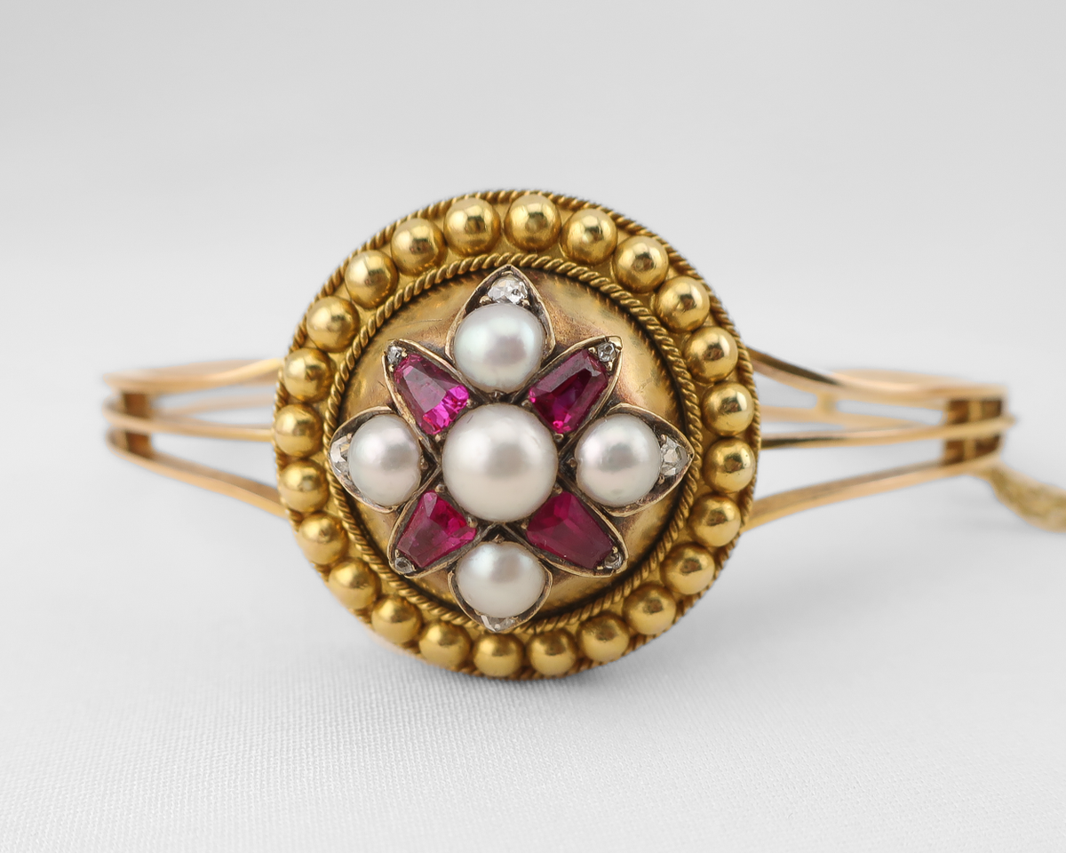 Victorian Ruby, Pearl & Diamond Bangle — Isadoras Antique Jewelry